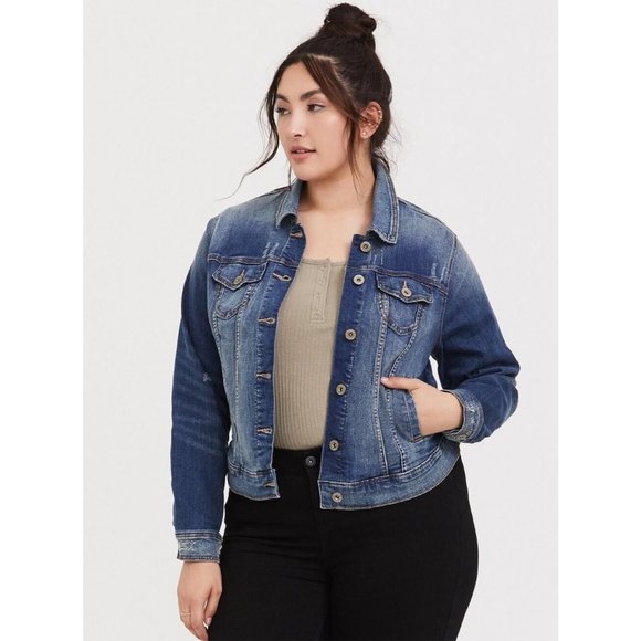 torrid | Jackets & Coats | Torrid Medium Wash Distressed Denim Trucker ...